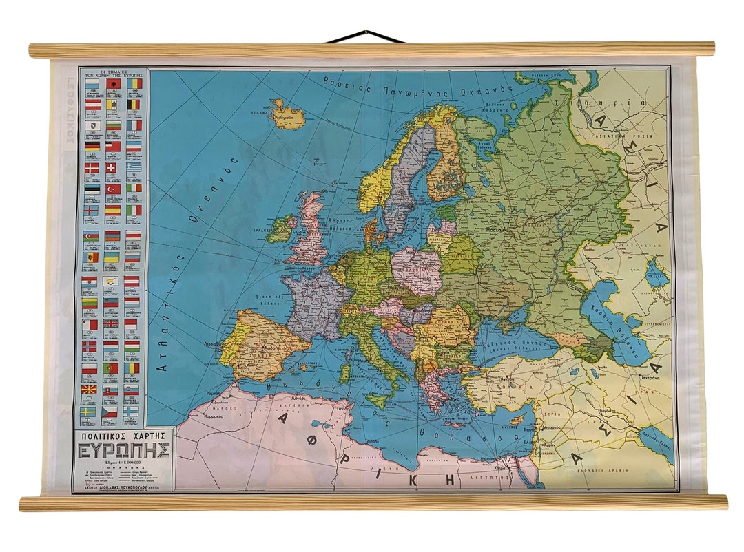 Vintage Political Map of Europe With Flags School Pull Down Map Old ...