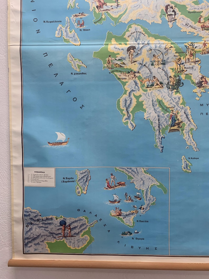 Vintage Greek Mythology Map Pull Down Chart, Classroom Wall Map, Greek ...