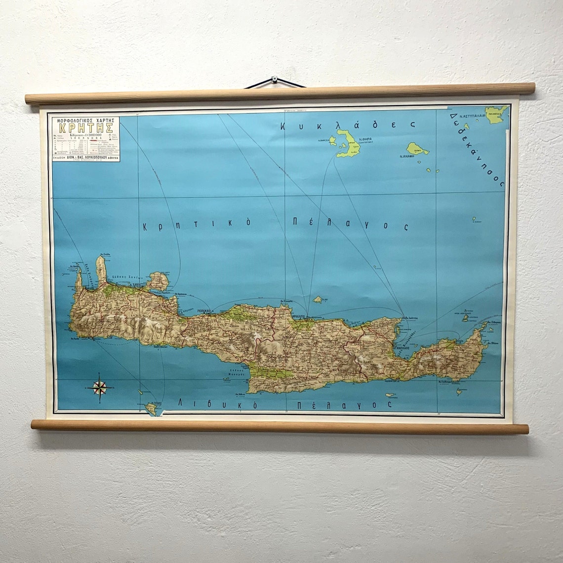 Vintage Wall Map of Crete Greece, Crete Map Geography School Map Pull ...
