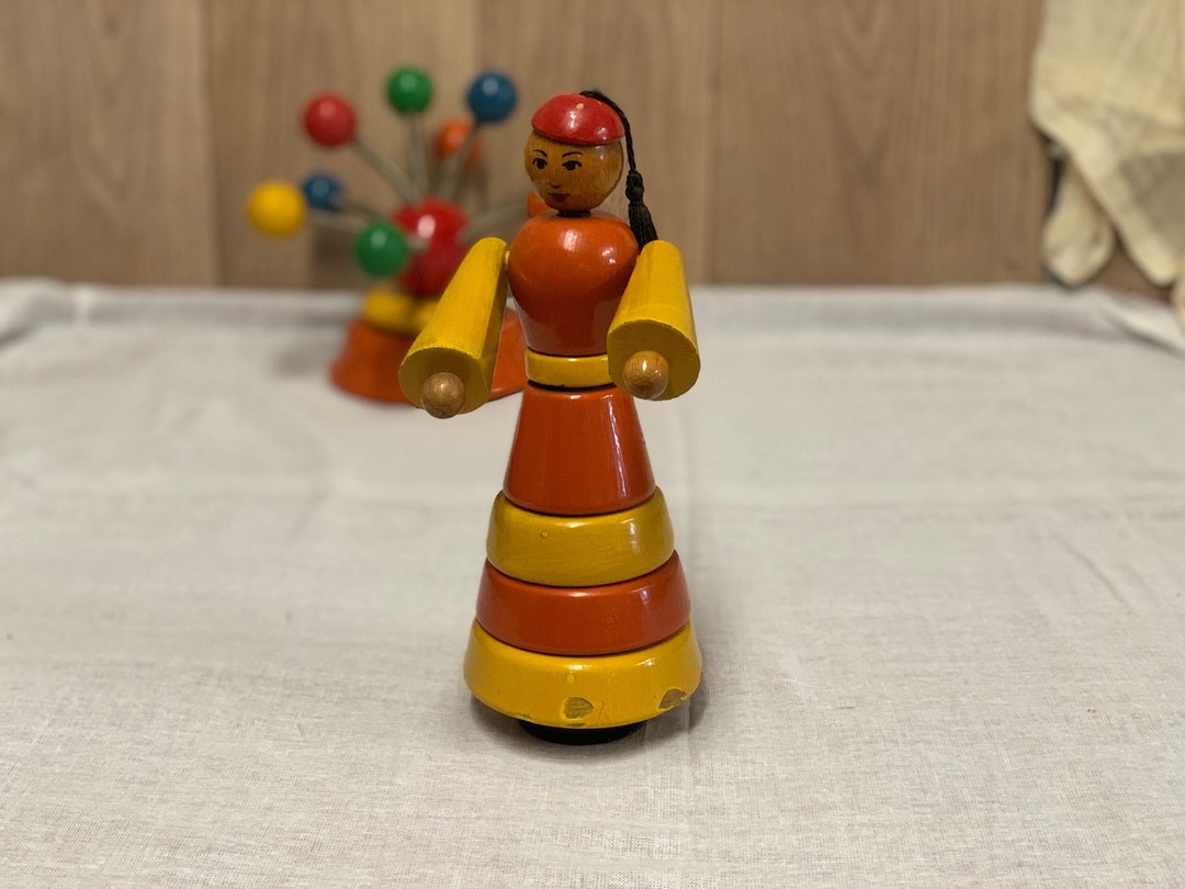 Vintage Kouvalias Greek Wooden Toy Woman: Orange & Yellow Stacking ...