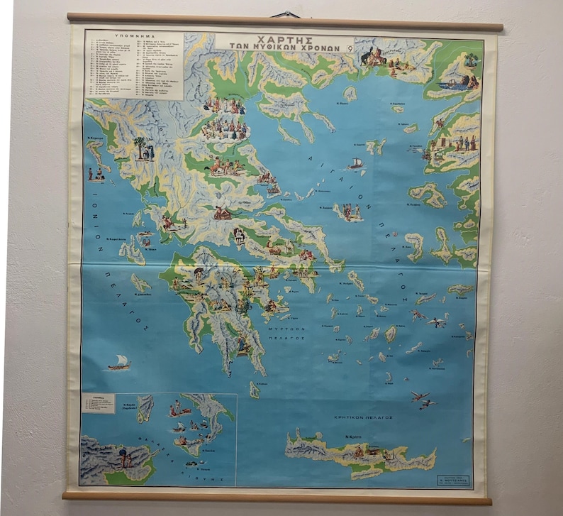 Vintage Greek Mythology Map Pull Down Chart, Classroom Wall Map, Greek ...