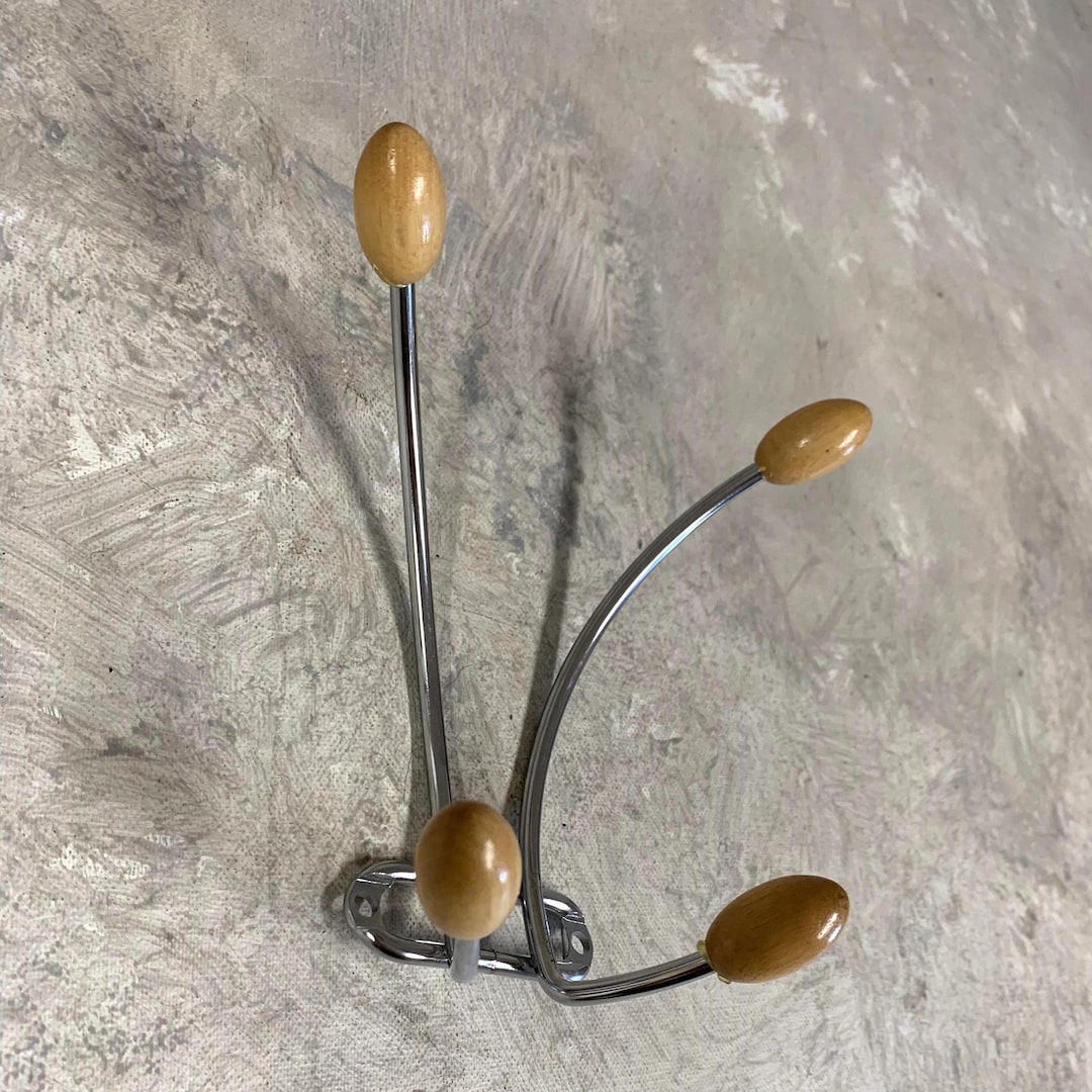 Vintage Metal Coat Rack With Wooden Knobs, Retro Wall Hooks for Shabby ...
