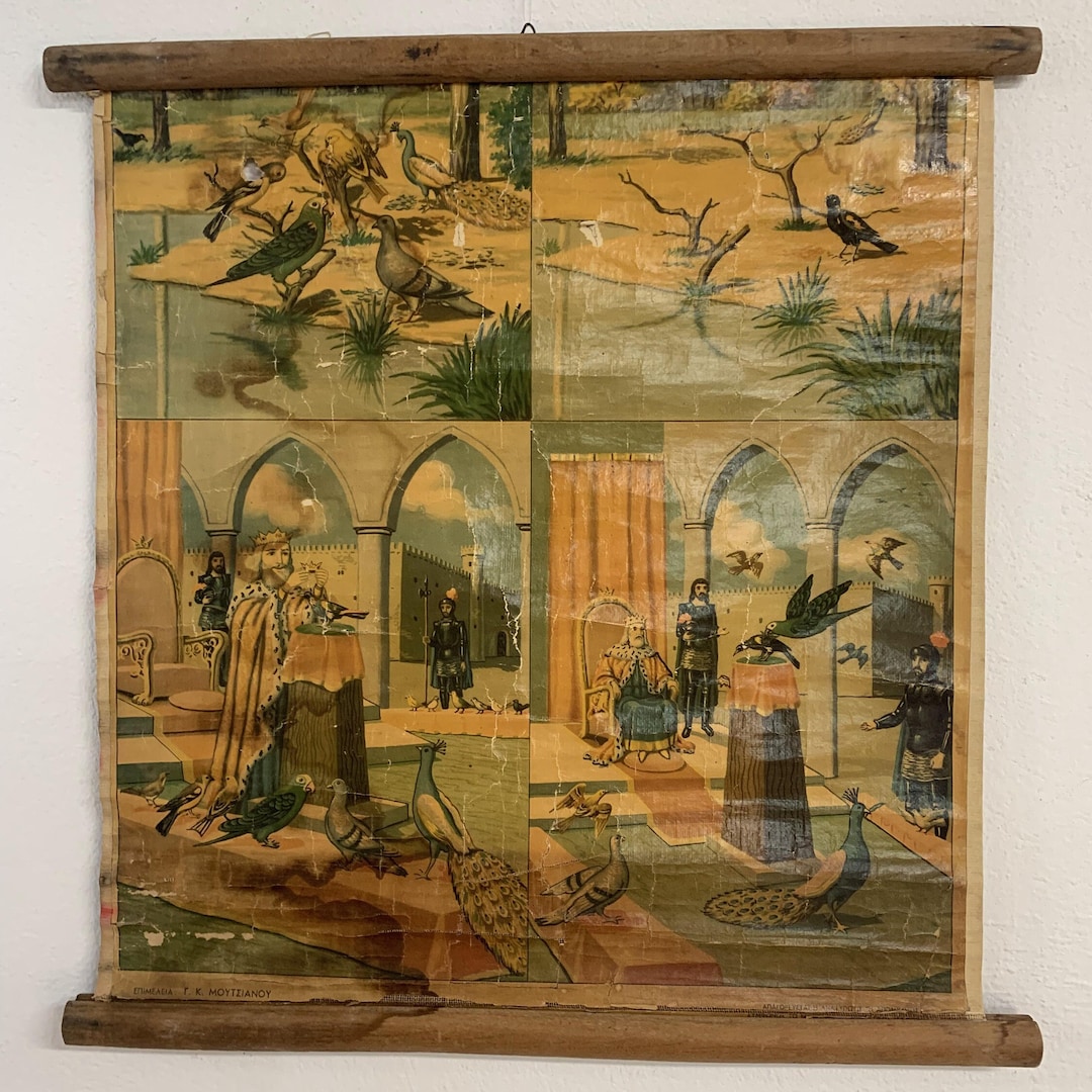 Vintage Aesop's Fables Wall Chart: "the Wolf and the Goat" Linen Canvas ...