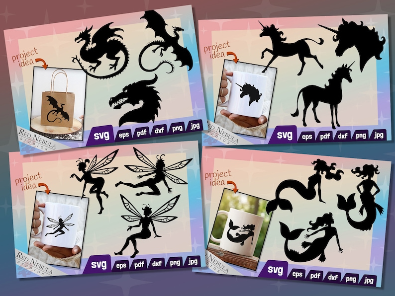 Mythical Creatures Bundle 34 Fantasy SVG Silhouettes Svg, Dxf, Eps, Pdf ...