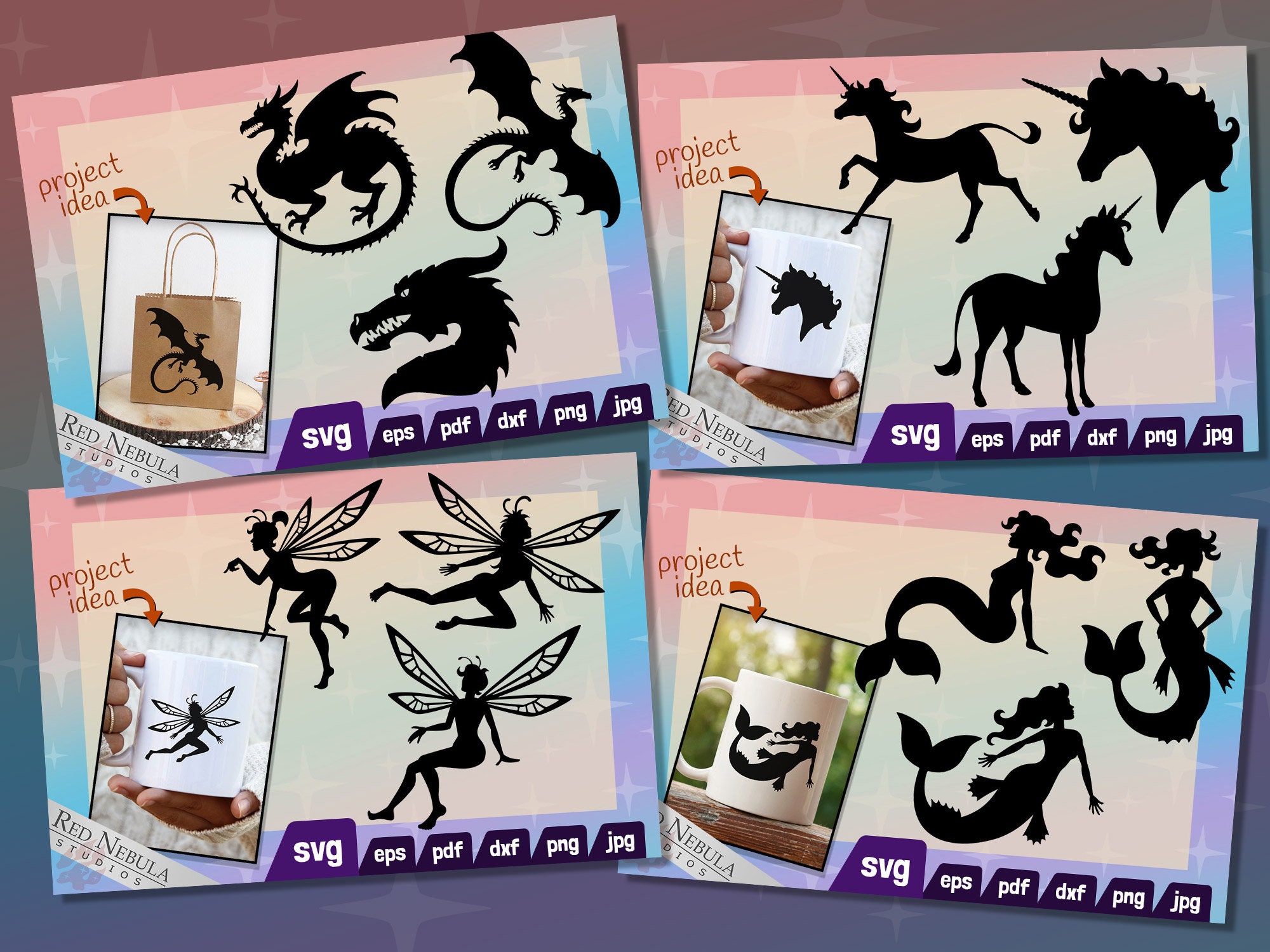 Mythical Creatures Bundle 34 Fantasy SVG Silhouettes Svg, Dxf, Eps, Pdf ...