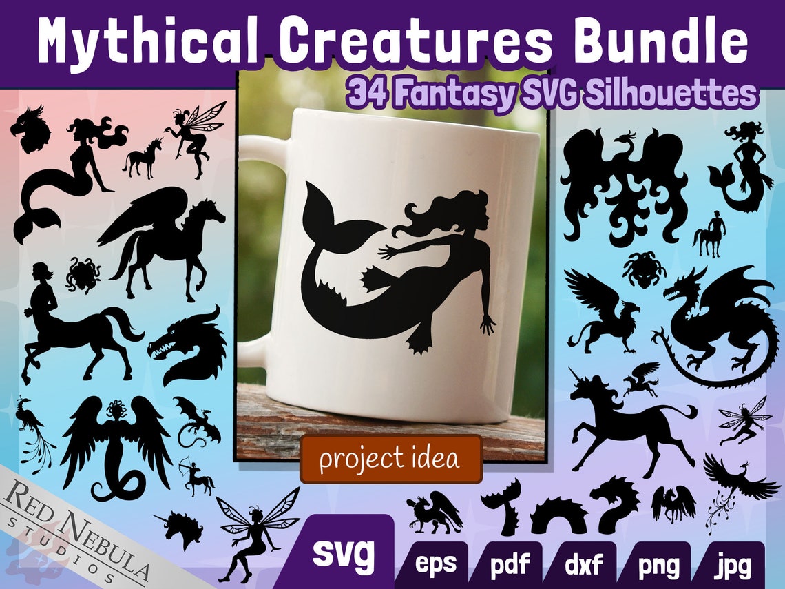 Mythical Creatures Bundle 34 Fantasy SVG Silhouettes Svg, Dxf, Eps, Pdf ...
