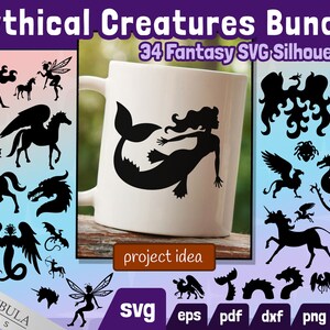 Mythical Creatures Bundle 34 Fantasy SVG Silhouettes Svg, Dxf, Eps, Pdf ...