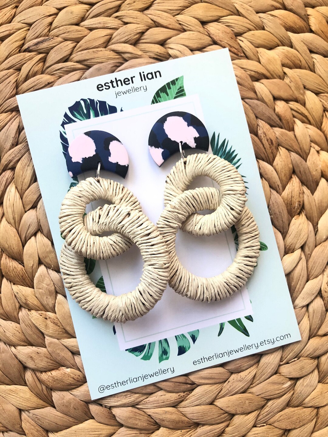 Mega Rattan Hoop Earrings Navy Blue Patterned Clay Moon Top, Abaca ...