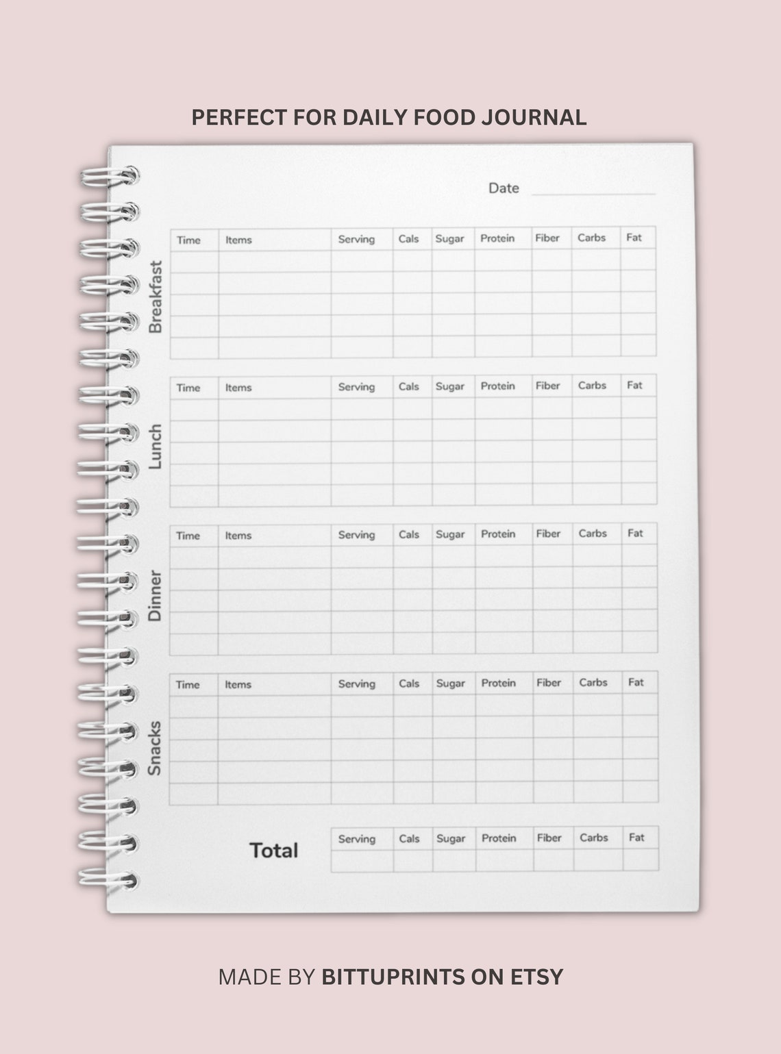 Daily Food Log Journal - Printable & Editable PDF, Calorie Tracker ...