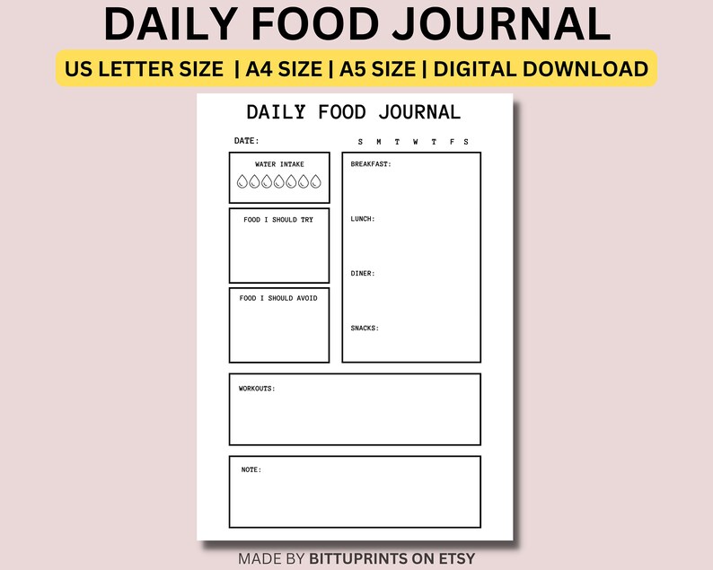 Daily Food Journal Food Diary Printable PDF Printable - Etsy