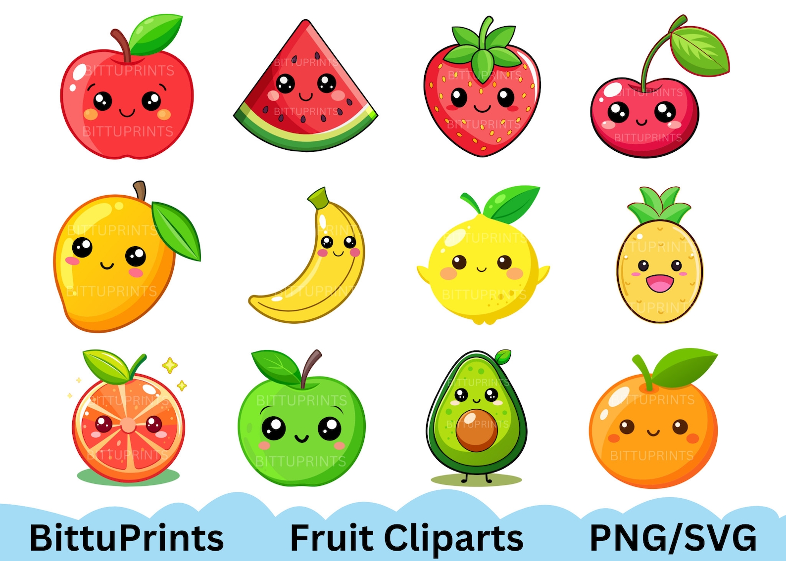 Cute Fruit Clipart - Clip Art Set of Apple, Watermelon, Orange, Banana ...
