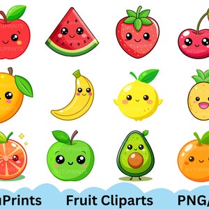 Cute Fruit Clipart - Clip Art Set of Apple, Watermelon, Orange, Banana ...