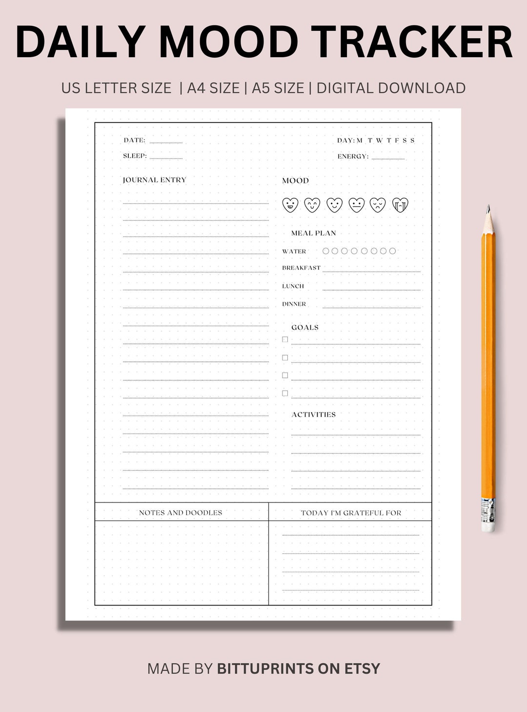Daily Mood Tracker Journal Printable Health & Wellness Diary - Etsy