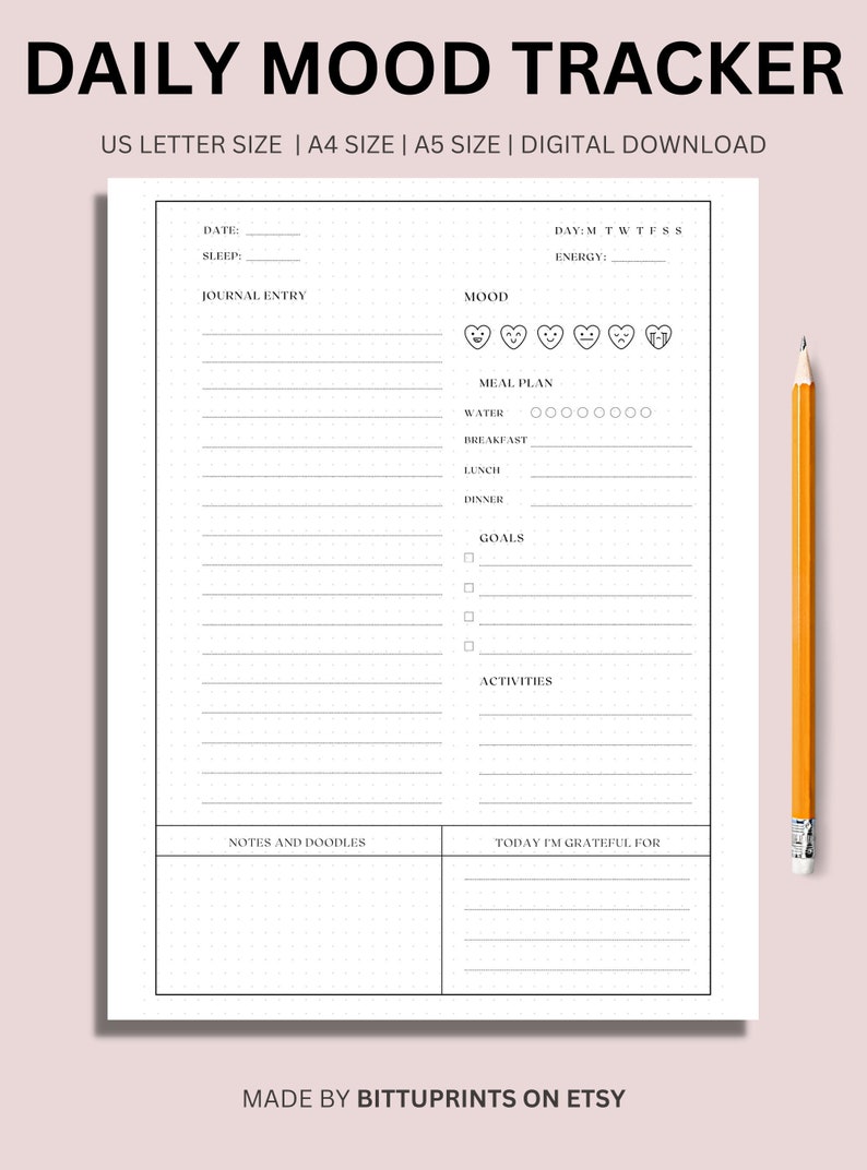 Daily Mood Tracker Journal Printable Health & Wellness Diary - Etsy