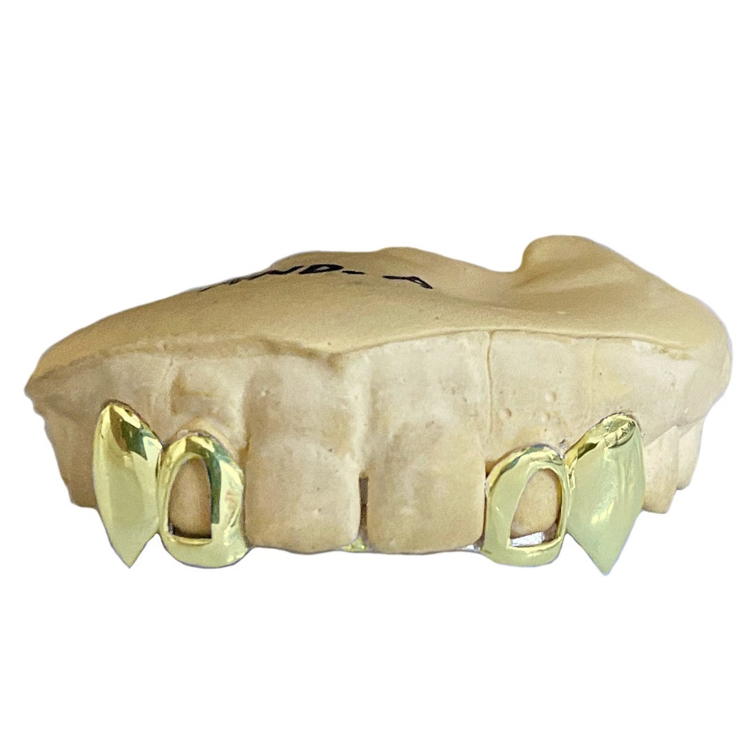 Solid 10K Gold Custom Fangs Grillz Set Double Caps Vampire Teeth Fang ...