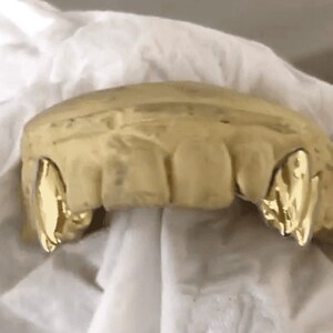 Solid 10K Gold or 14K Gold Custom Fang Grillz Set Double Fangs Caps Vampire Teeth Optional Back ...
