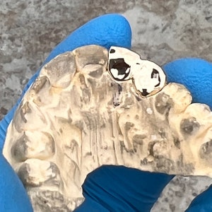 Real Solid 10K Gold Grillz Double Canine Incisor Iced Inlay Side Bar CZ ...