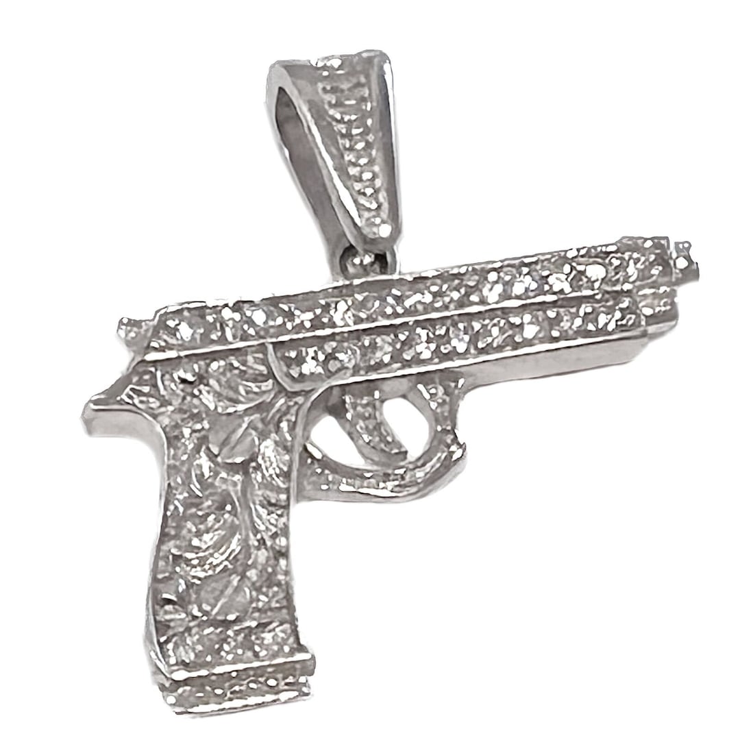 925 Sterling Silver Gun Pistol Scrollwork Engraving Iced CZ Pendant - Etsy