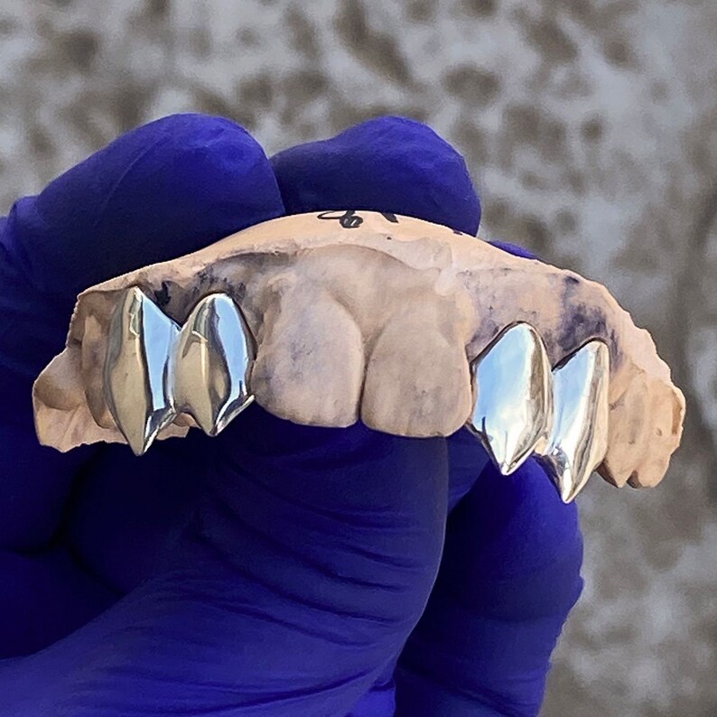 925 Sterling Silver Custom Fang Grillz Set Double Fangs Caps | Etsy