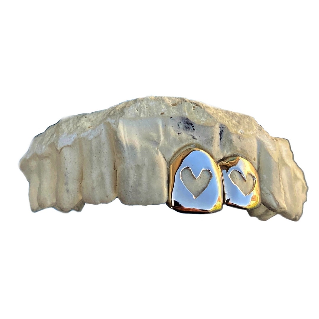 Real Solid 10K Gold Custom Double Heart Cutout Grillz Open Face Two ...