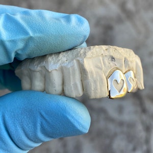 Real Solid 10K Gold Custom Double Heart Cutout Grillz Open Face Two ...
