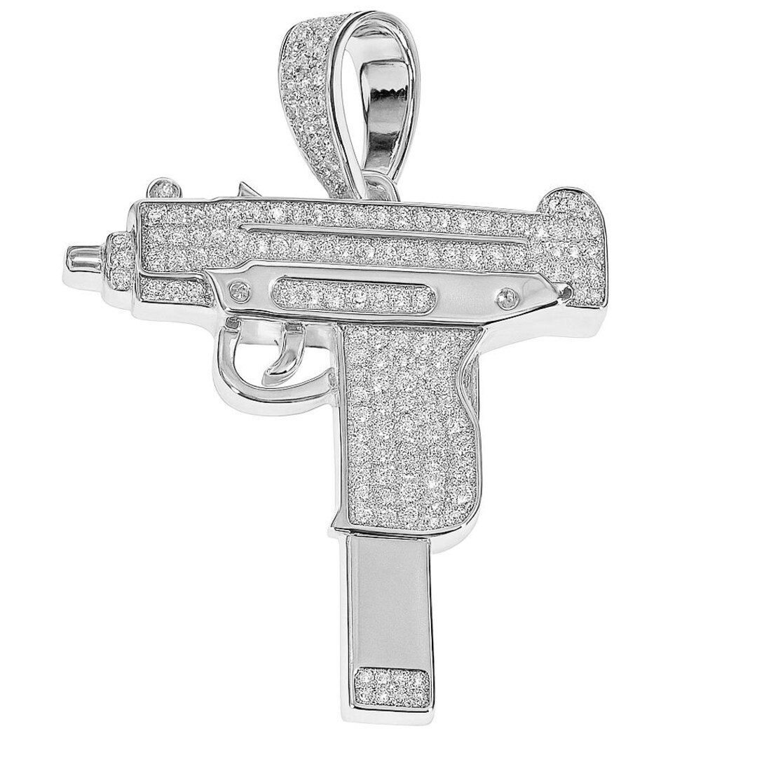 Real Solid 925 Sterling Silver Uzi Submachine Gun Pendant Bling Out CZ ...