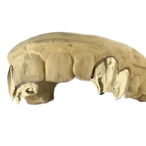 Solid 10K Gold or 14K Gold Custom Fang Grillz Set Double Fangs Caps Vampire Teeth Optional Back ...