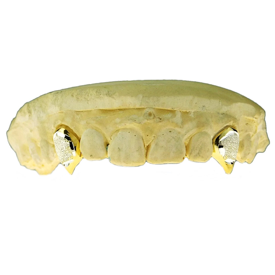 10K Gold OR 14K Gold Custom Fang Grillz Set Diamond Dust 2-tone 2 Single Cap Vampire Canine ...