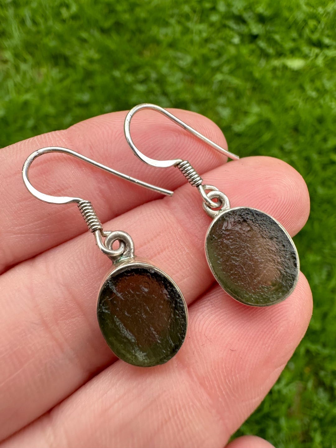 Genuine Vintage Style Sterling Silver 925 & Raw Moldavite Forest Green Pierced Earrings ...