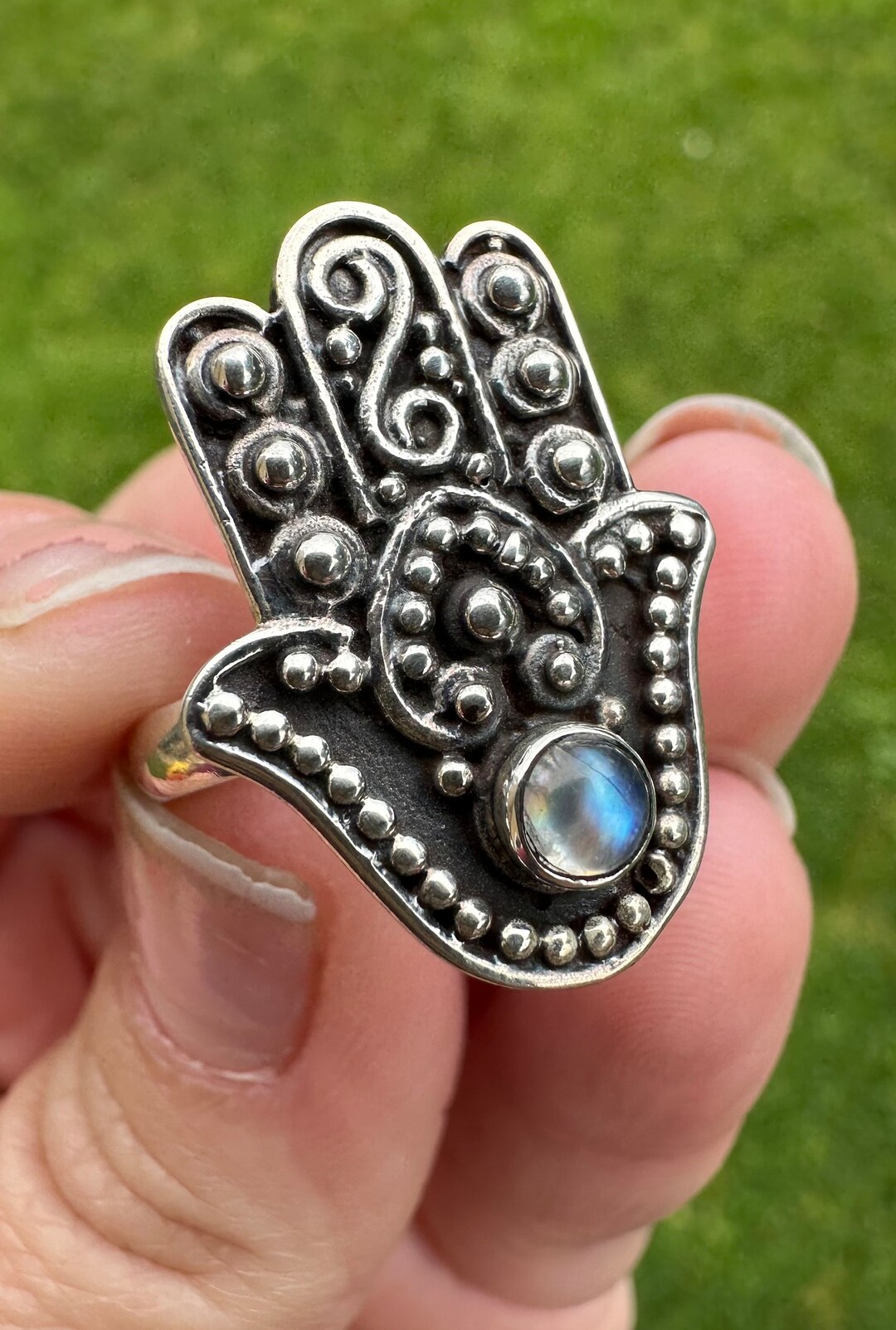 Lucky Hamsa Hand Sterling Silver Hallmarked 925 & Rainbow Moonstone ...