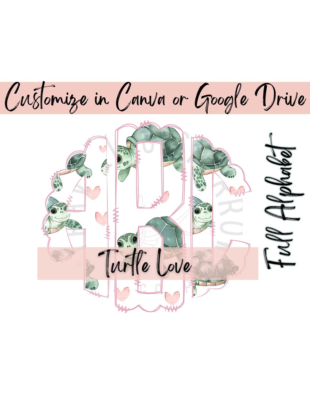 Custom Scalloped Turtle and Hearts Monogram Alphabet Set | PNG Digital ...