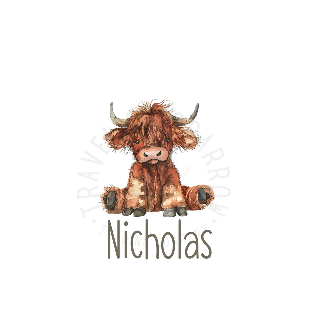 Custom Name Highland Cow PNG | Watercolor Calf, Farm Nursery (digital ...