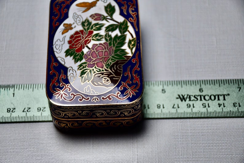 Antique Chinese Cloisonné Trinket Box: Floral Butterfly Cobalt Enamel ...