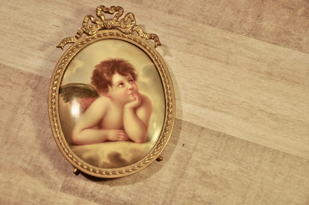 Raphael Cherub on Porcelain Dresden Hand Painted Oval Plaque in Gold ...