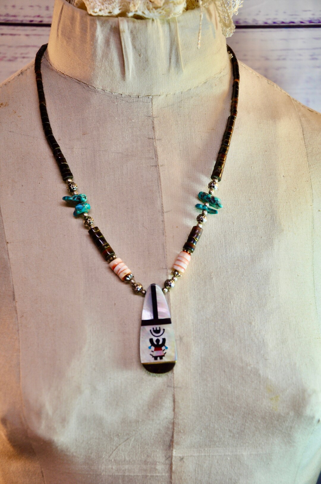 Native American Crown Dancer Inlay Pendant Necklace Turquoise & Heishi ...