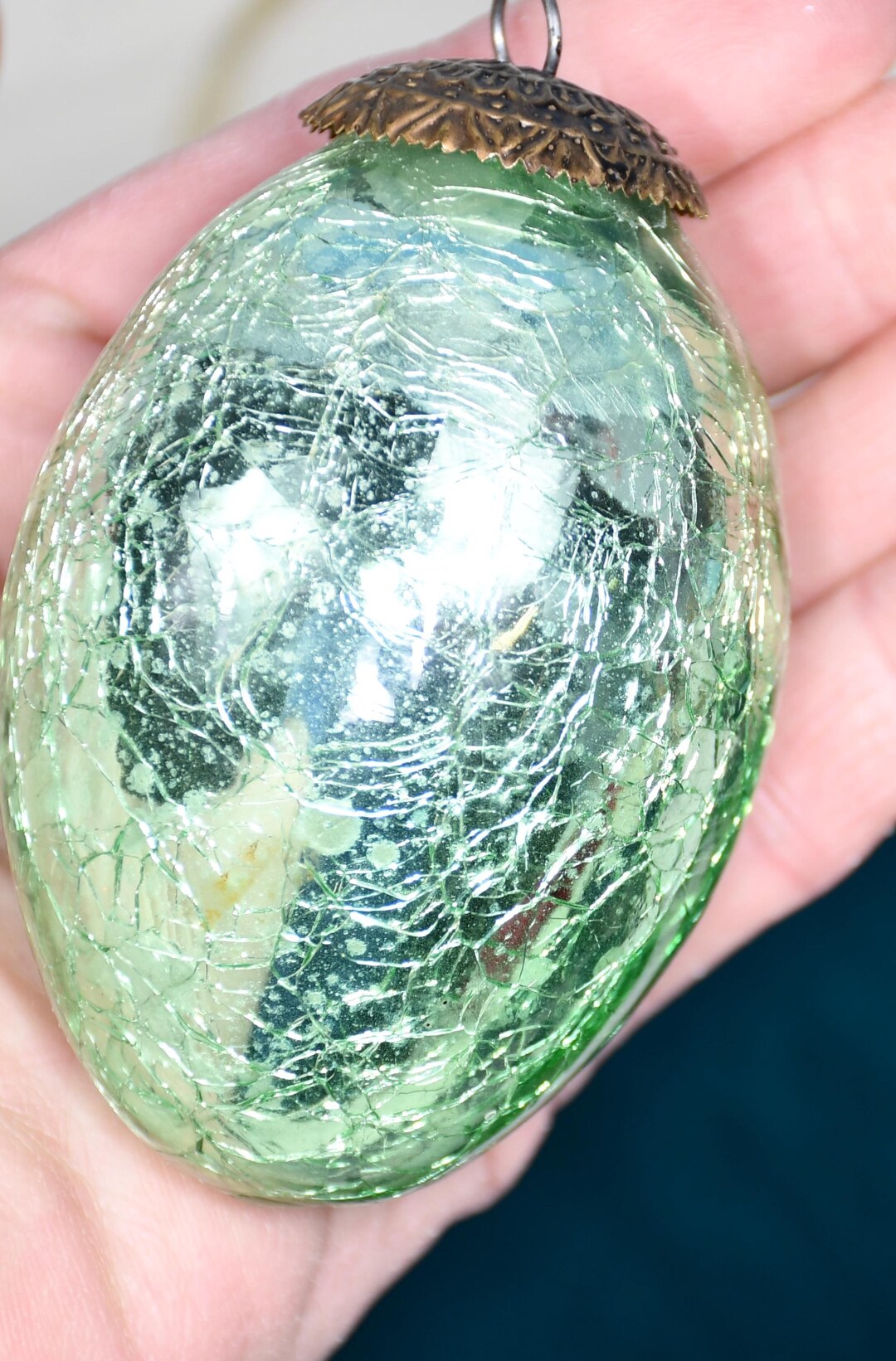 Kugel Green Crackle Glass Ornament Large Egg Shape Heavy 4" Long ...