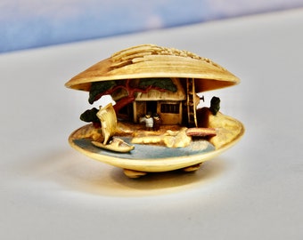 CLAM SHELL DIORAMA, Carved Celluloid Clam Shell Waterwheel Bonsai Tree ...
