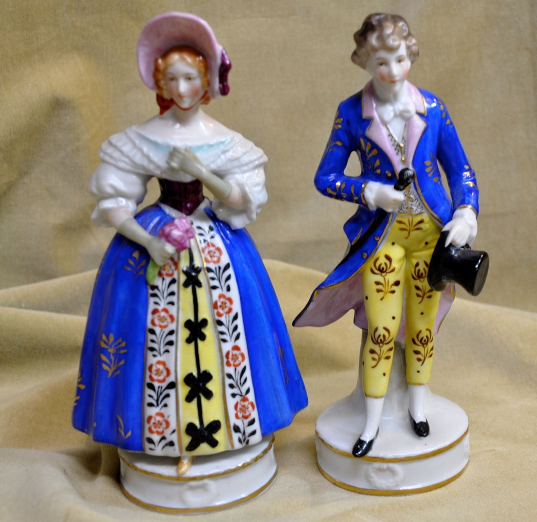 Rare Sitzendorf German Porcelain Courting Couple Gold Gilded Blue Crown ...