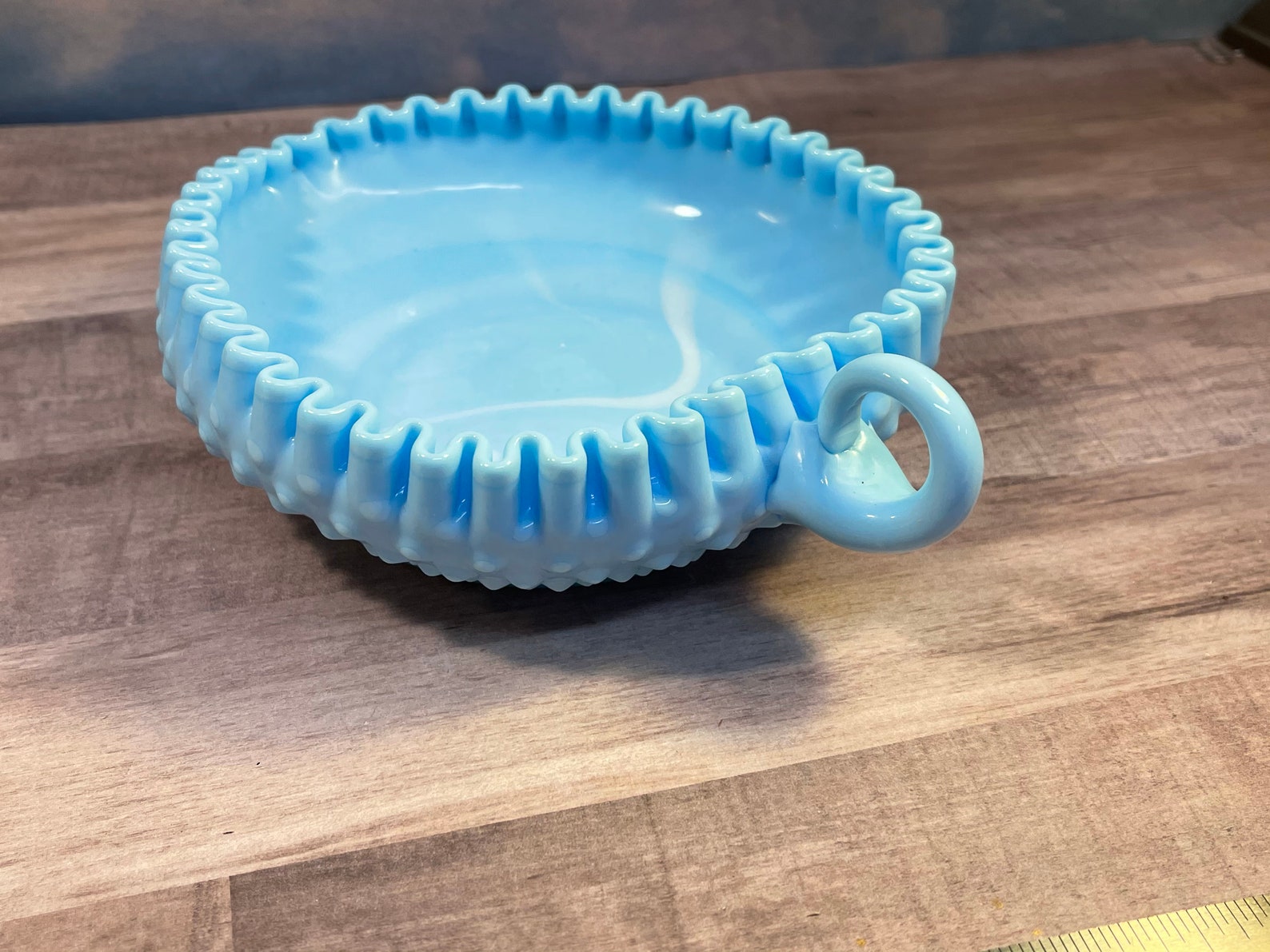 VINTAGE Fenton Blue Slag Glass Hobnail Ruffled Heart Dish With | Etsy