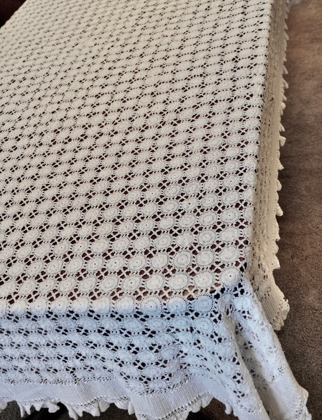 Large Vintage Crochet Lace Tablecloth or Twin Bed Topper Heirloom ...