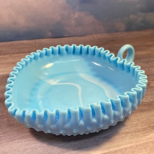 VINTAGE Fenton Blue Slag Glass Hobnail Ruffled Heart Dish With - Etsy