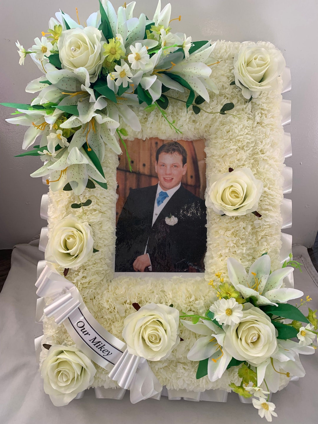 Artificial Silk Funeral Flower Tribute Luxury Photo Frame Memorial ...