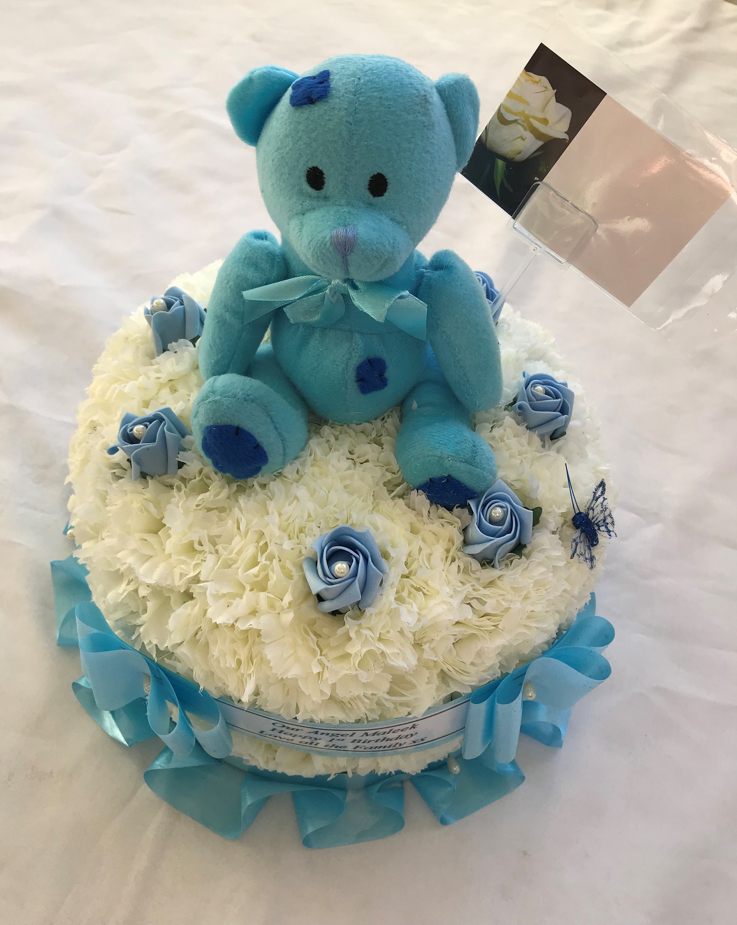 Birthday Cake Artificial Silk Funeral Flower Teddy Memorial Tribute ...