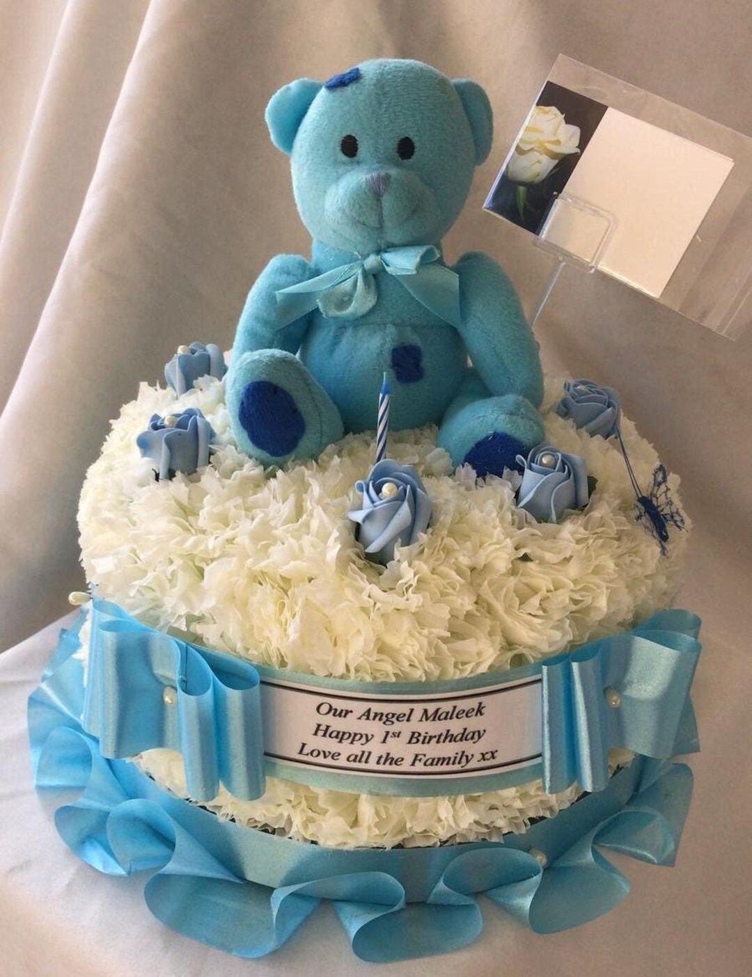 Birthday Cake Artificial Silk Funeral Flower Teddy Memorial Tribute ...