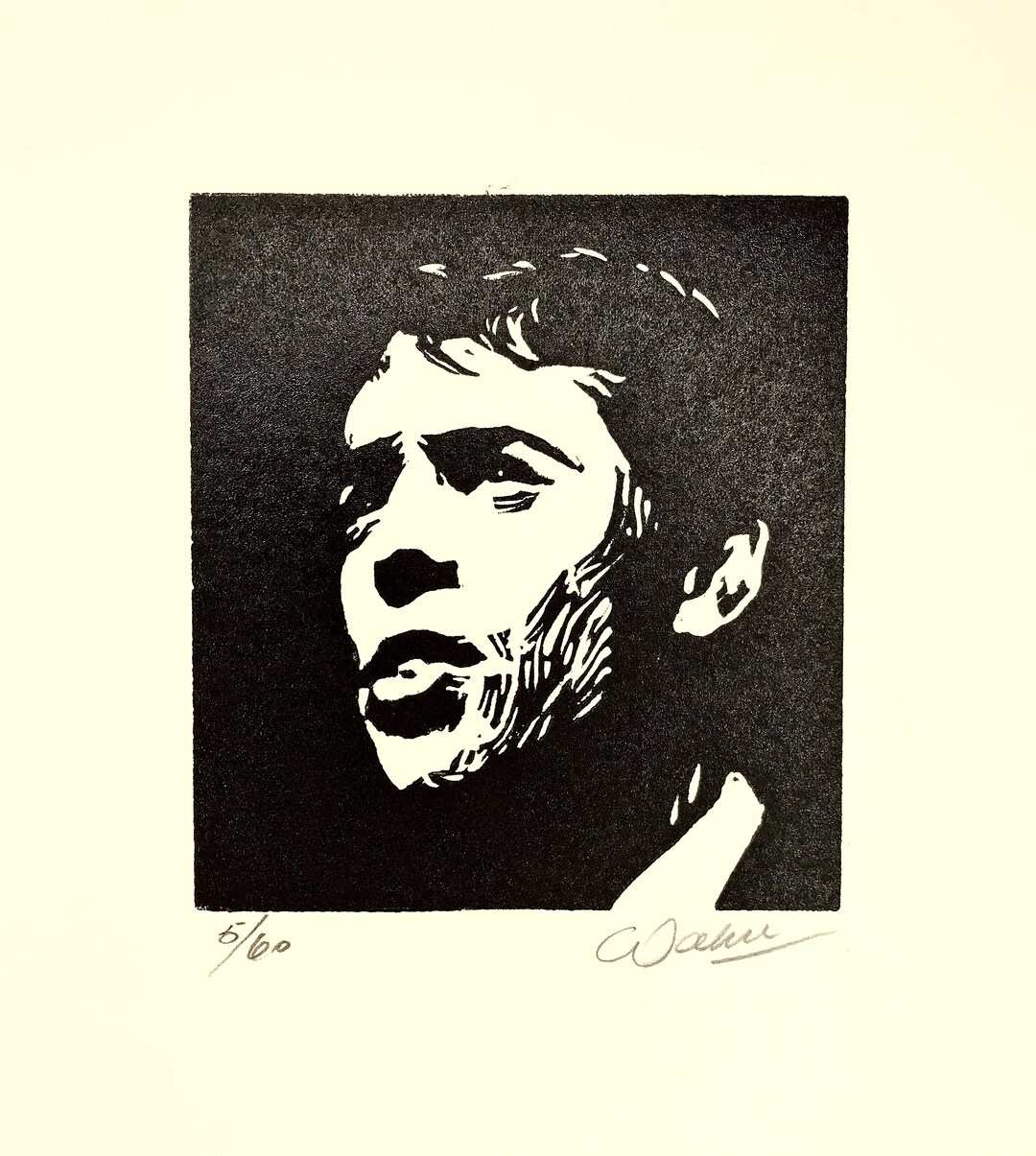 Jacques Brel Print – Original Handmade B&W Linocut Limited Edition ...