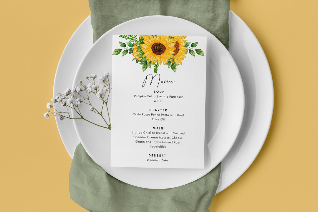Sunflower Wedding Menu/printed Wedding Menu/greenery Wedding Menu ...