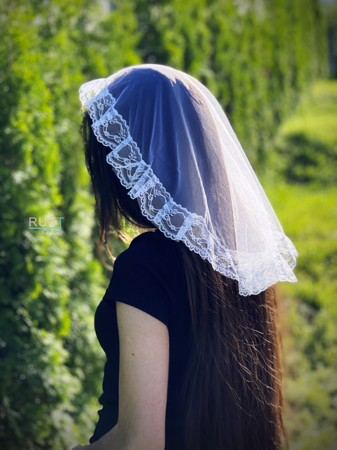 Black /White Chapel round veil with lace Headwrap for mass | Etsy