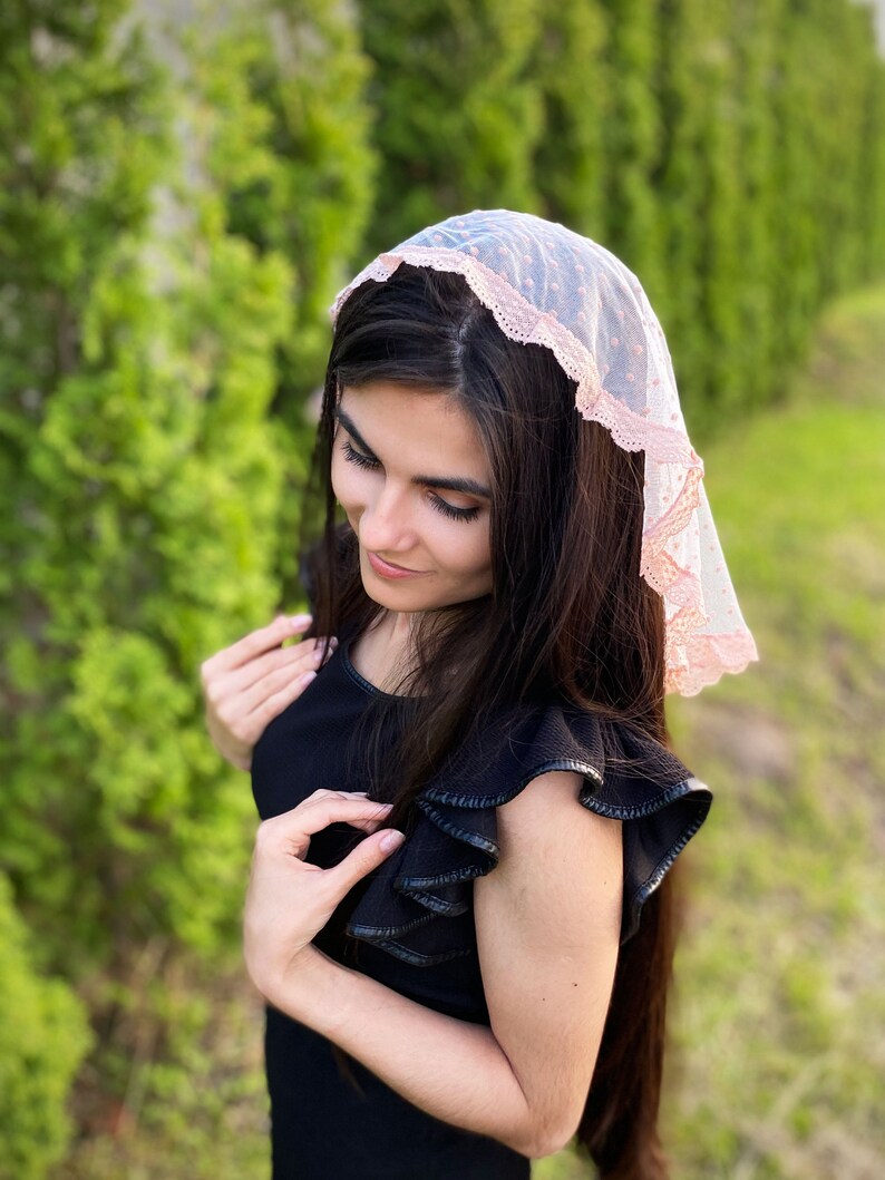 Blush Princess Style Chapel Round Veil Polka Dot Lace Mantilla Headwrap ...