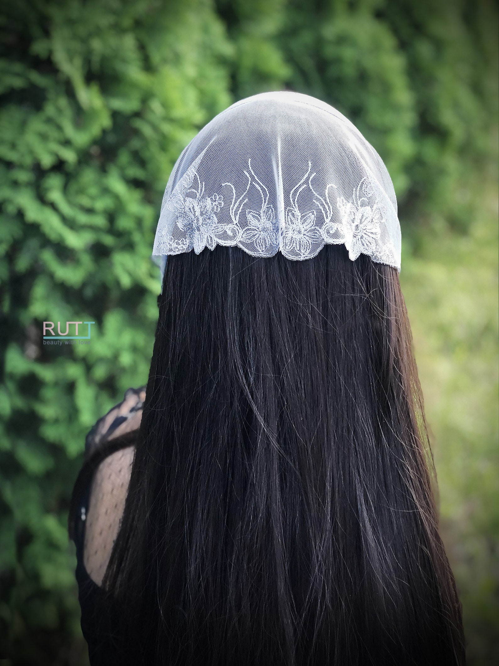 Grey Stretch Tulle Headband Kerchief Church Headwrap Embroidered Chapel ...