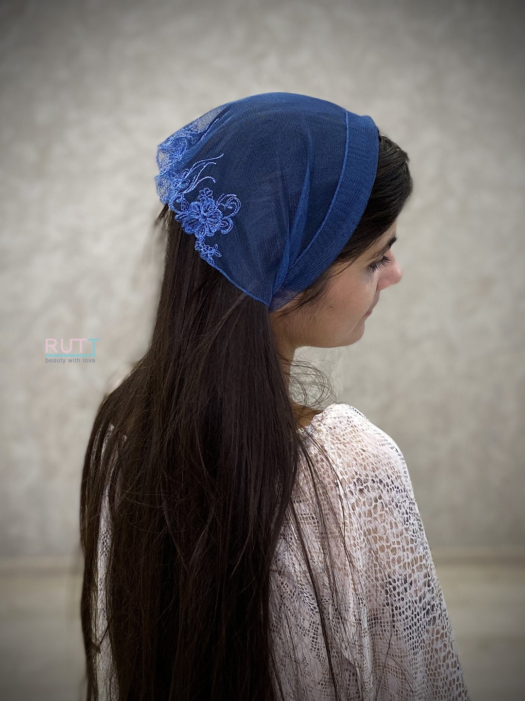 Grey Stretch Tulle Headband Kerchief Church Headwrap Embroidered Chapel ...